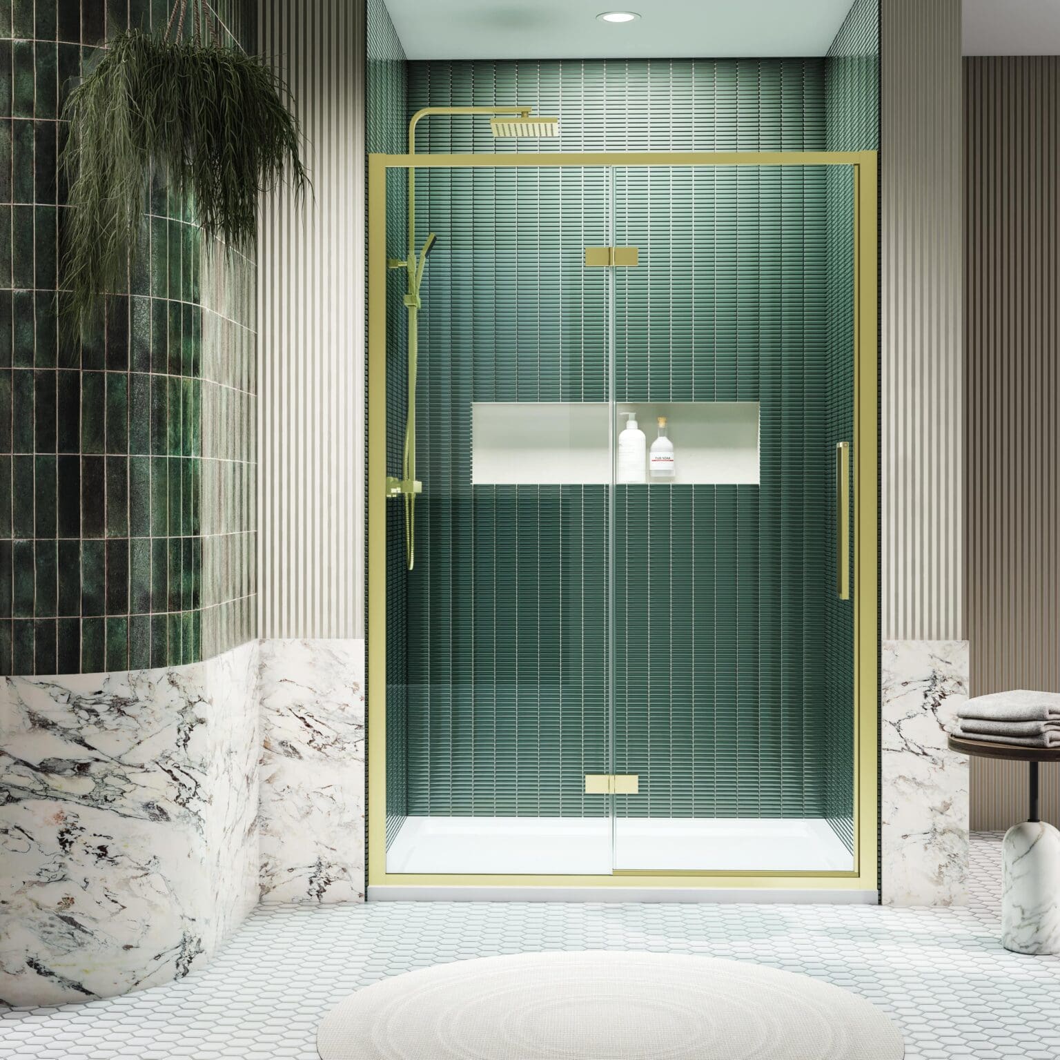 Wave Brushed Brass Hinged door and Inline Lakes Showering Spaces